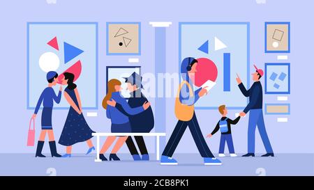 Cartoon museum gallery exhibition with painting, science exhibits and ...