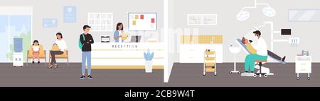 Modern clinic reception flat vector illustration. Smiling doctor, woman ...