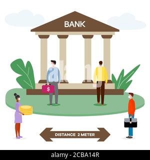 clients in protective masks keeping distance to prevent coronavirus ...