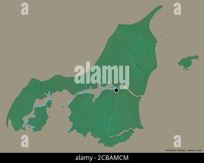 Nordjylland, region of Denmark. Solid color shape. Locations and names ...