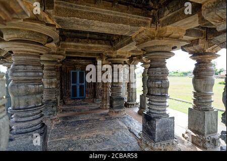 Close up of open mantapa with various pillar designs at Nanesvara ...