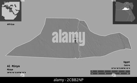 Al Minya, governorate of Egypt. Bilevel elevation map with lakes and ...