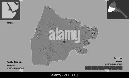 Gash Barka, region of Eritrea. Bilevel elevation map with lakes and ...