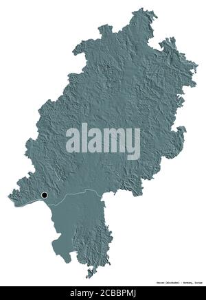 Hessen, state of Germany. Colored elevation map with lakes and rivers ...