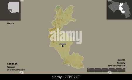Shape of Faranah, region of Guinea, with its capital isolated on white ...