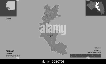 Shape of Faranah, region of Guinea, with its capital isolated on white ...