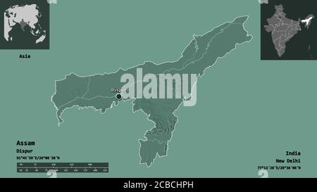 Shape of Assam, state of India, with its capital isolated on white ...