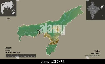 Shape of Assam, state of India, with its capital isolated on white ...
