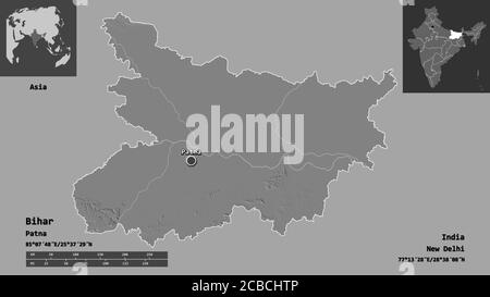 Bihar, state of India. Bilevel elevation map with lakes and rivers ...