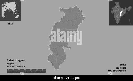 Shape of Chhattisgarh, state of India, with its capital isolated on ...