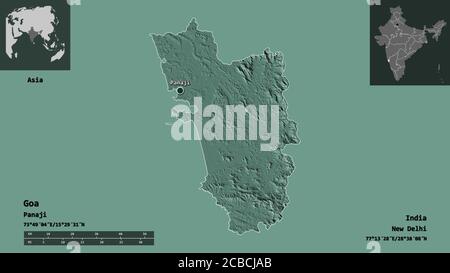 Shape of Goa, state of India, with its capital isolated on white ...