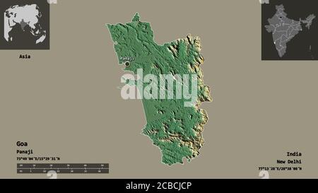 Shape of Goa, state of India, with its capital isolated on white ...