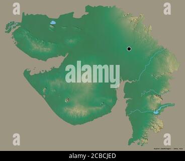 Gujarat, state of India. Solid color shape. Locations and names of ...