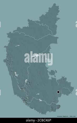 Karnataka, state of India. Colored elevation map with lakes and rivers ...