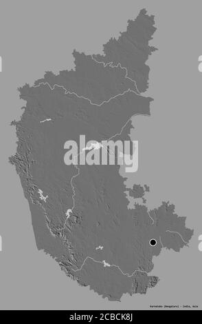 Karnataka, state of India. Solid color shape. Locations and names of ...