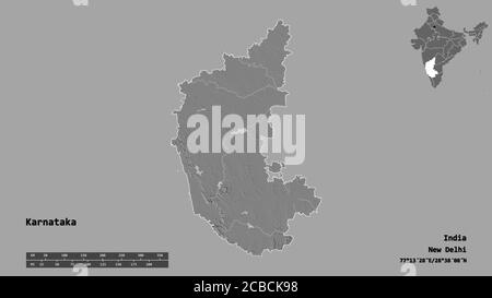 Karnataka, state of India. Bilevel elevation map with lakes and rivers ...