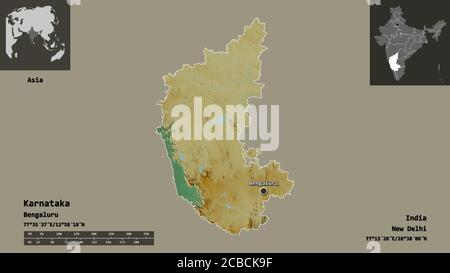 Shape of Karnataka, state of India, with its capital isolated on white ...