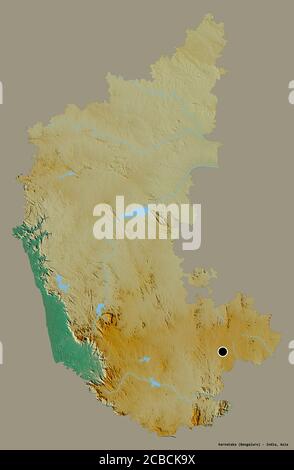 Karnataka, state of India. Solid color shape. Locations and names of ...