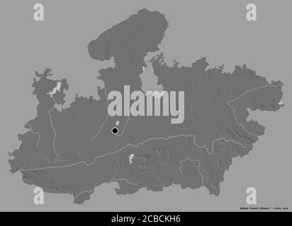 Madhya Pradesh, state of India. Bilevel elevation map with lakes and ...