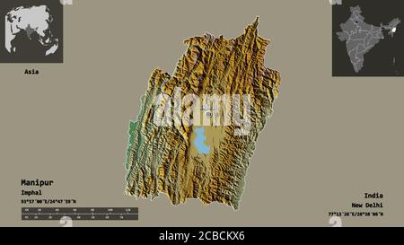 Shape of Manipur, state of India, and its capital. Distance scale ...