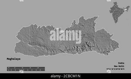 Meghalaya, state of India. Bilevel elevation map with lakes and rivers ...