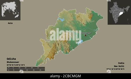 Shape of Odisha, state of India, with its capital isolated on white ...