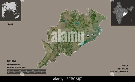 Shape of Odisha, state of India, with its capital isolated on white ...