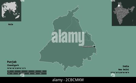 Shape of Punjab, state of India, with its capital isolated on solid ...
