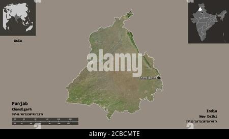 Shape of Punjab, state of India, and its capital. Distance scale ...