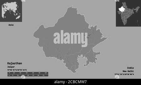Shape of Rajasthan, state of India, with its capital isolated on white ...