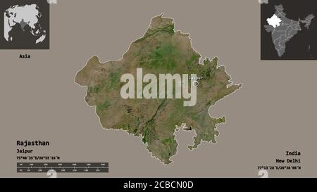 Shape of Rajasthan, state of India, and its capital. Distance scale ...