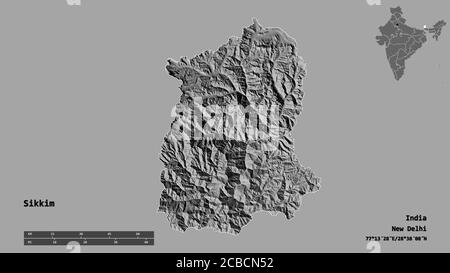 Sikkim, state of India. Bilevel elevation map with lakes and rivers ...