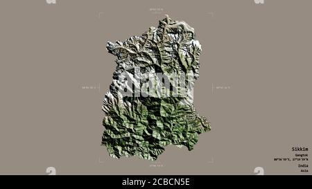 Zoom in on Sikkim (state of India) extruded. Oblique perspective ...