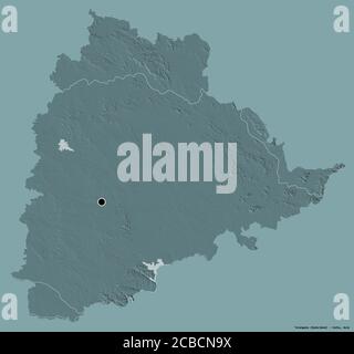 Telangana, state of India. Colored elevation map with lakes and rivers ...