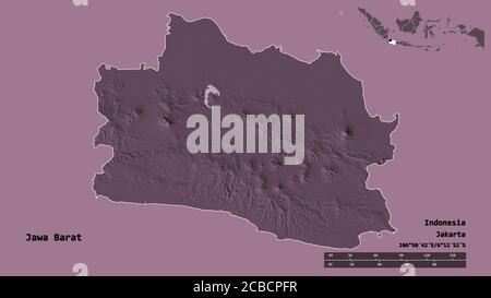 Jawa Barat, province of Indonesia. Colored elevation map with lakes and ...