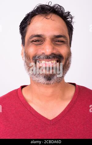 happy handsome mature man with beard and moustache in hoody isolated on ...
