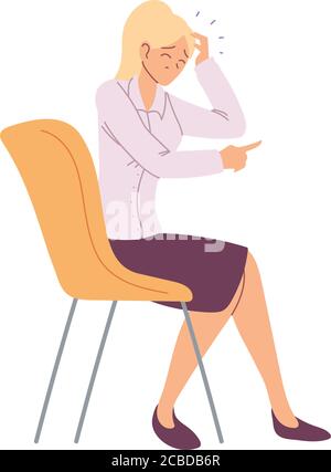 Businesswoman cartoon with headache on chair and decrease arrow design, business and management ...