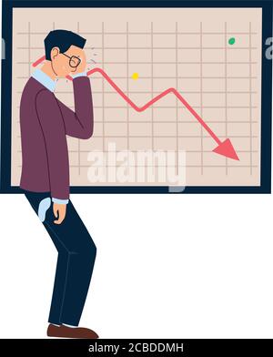 Businessman cartoon with headache and decrease arrow design, business and management theme ...