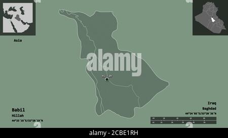 Shape of Babil, province of Iraq, with its capital isolated on white ...