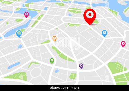 Clean top view of the day time city map with street and river, Blank ...