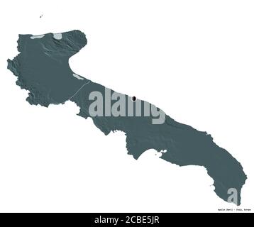 Apulia, region of Italy. Elevation map colored in wiki style with lakes ...