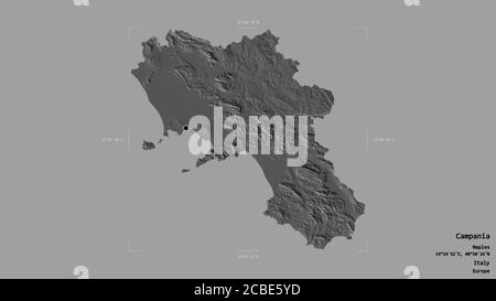 Campania, region of Italy. Bilevel elevation map with lakes and rivers ...