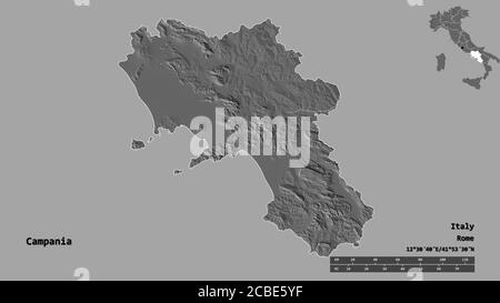 Campania, region of Italy. Bilevel elevation map with lakes and rivers ...