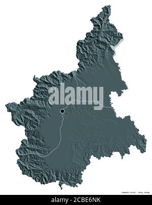 Shape of Piemonte, region of Italy, with its capital isolated on white ...
