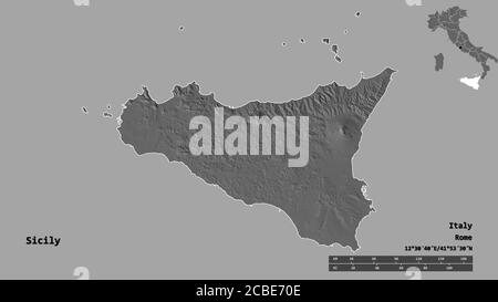 Sicily, autonomous region of Italy. Bilevel elevation map with lakes ...