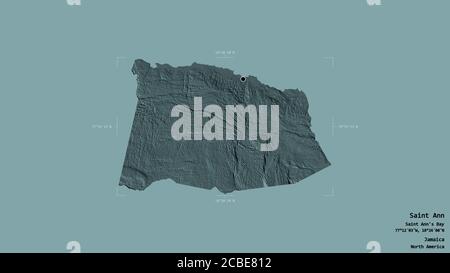 Zoom in on Saint Ann (parish of Jamaica) outlined. Oblique perspective ...