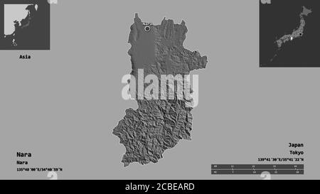 Nara, prefecture of Japan. Bilevel elevation map with lakes and rivers ...