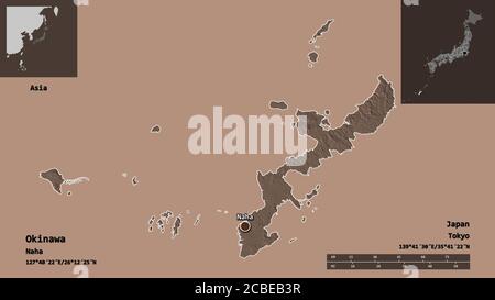 Shape of Okinawa, prefecture of Japan, and its capital. Distance scale ...