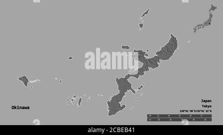 Okinawa, prefecture of Japan. Bilevel elevation map with lakes and ...
