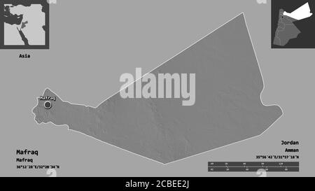 Mafraq, province of Jordan. Bilevel elevation map with lakes and rivers ...